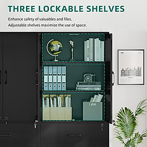 YITAHOME Wood File Cabinets, Heavy Duty Garage Tool Cabinets with Doors & Adjustable Shelves, Big Storage Filing Lockers for Home Office, Living Room, Pantry, Gym, Basement, Warehouse, Black