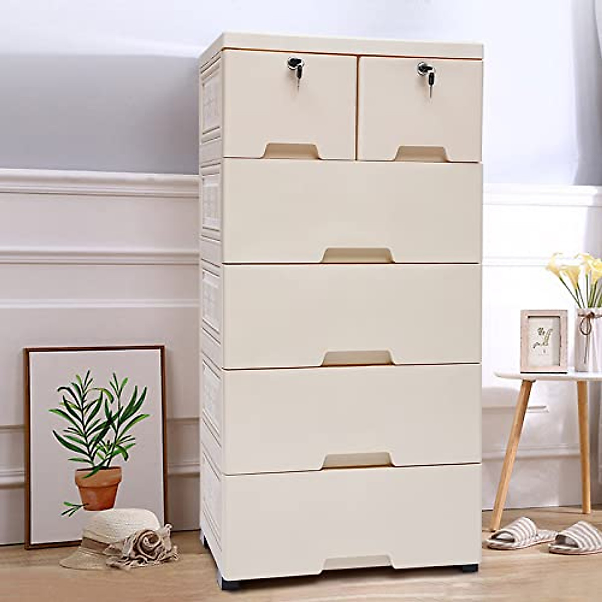 CNCEST Plastic Drawer Dresser with 6-Drawer Locker Closet Drawer High Dresser Storage Cabinet Clothes Organizer Bedroom Furniture Playroom Off-White