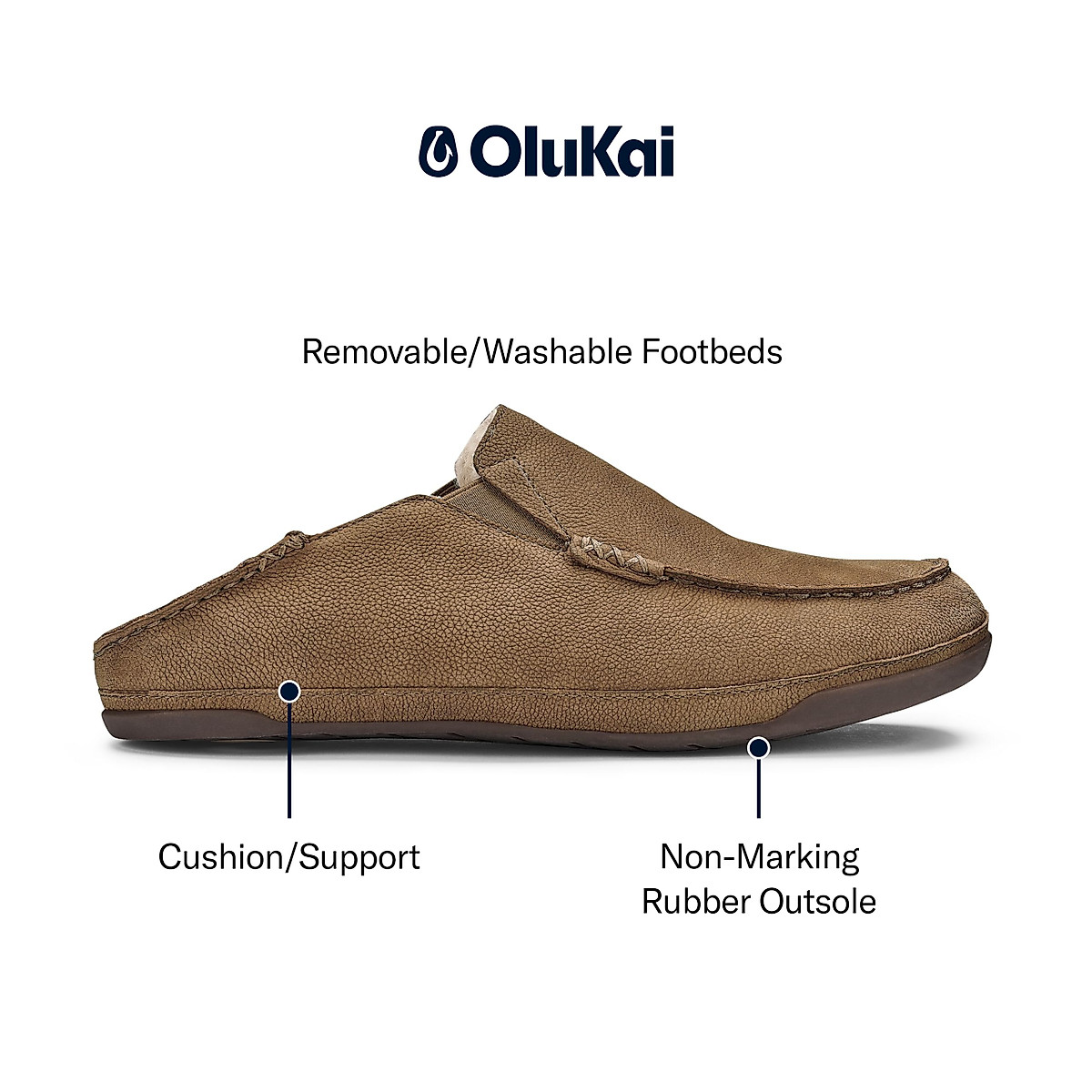 OLUKAI Kipuka Hulu Men's Leather Slippers, Premium Nubuck Leather Slip On Shoes, Shearling Lining & Gel Insert, Drop-In Heel Design, Toffee/Toffee, 12