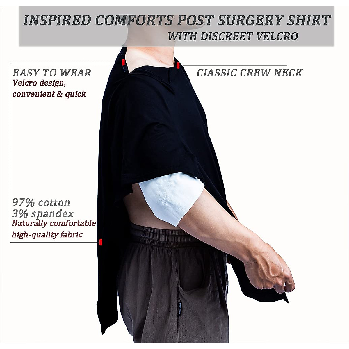 OUDI LINE Uni-Sex Post Shoulder Surgery Shirt & Rehab Shirt with Stick On Fasteners, Convenient and Quick (Large, Black)