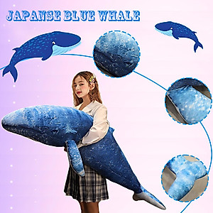 ELAINREN 110cm Japanse Blue Whale Plush Large Whale Shark Soft Hugging Body Pillow, Lifelike Humpback Whale Stuffed Ocean Animals Plushie Gifts