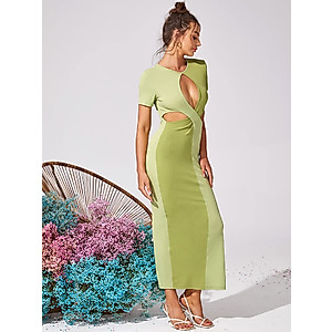 WDIRARA Women's Sexy Cut Out Keyhole Front Dress Split Side Hem Colorblock Short Sleeve Bodycon Casual Maxi Dresses Green M