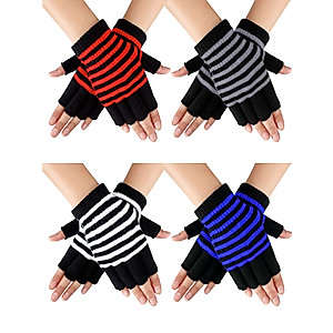 4 Pairs Fingerless Gloves Unisex Half Finger Gloves Striped Knit Stretchy Winter Gloves for Women Men Cold Weather (Striped Style)
