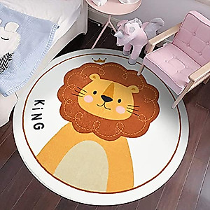ABREEZE Faux Wool Kids Play Mat 4ft,Animal Round Area Rug Kids Nursery Door Mat Soft Plush Non-Slip Childrens Carpet for Bedroom Living Room Kids Playroom,Lion