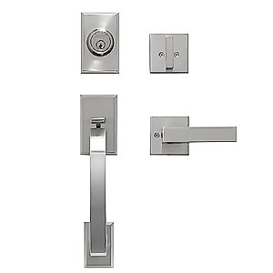 Natsukage Front Door Handle Front Door Lock Set Entrance Handle Set with Lock Satin Nickel Heavy-Duty Entry Door Lock Set with Deadbolt and Lever Handle Reversible for Right & Left Handed Contemporary