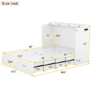 Jintop Full Size Murphy Bed,Cabinet Hideaway Bed with Drawer and a Set of Sockets & USB Ports,Wood Wall Bed can be Folded w/Pulley Structure Design,Easy Assembly,for Kids Bedroom,Student Dorms,White