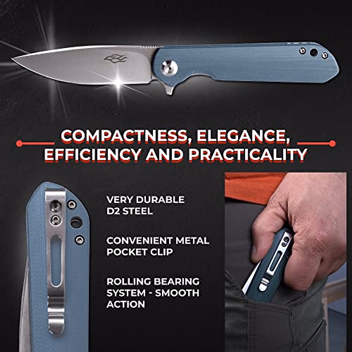 GANZO Firebird FH41 Pocket Folding Knife D2 Steel Blade G10 Handle Hunting Outdoor EDC Tool (Grey)