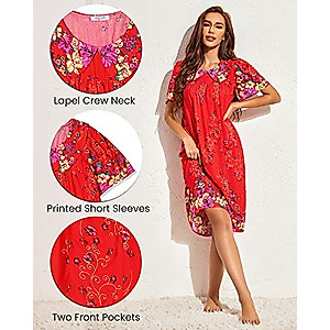Ekouaer Women's House Dress Short Sleeve Sleepwear Mumu Lounge Wear Old Lady Nightgown Floral Print Night Dress with Pockets, Red, XXX-Large