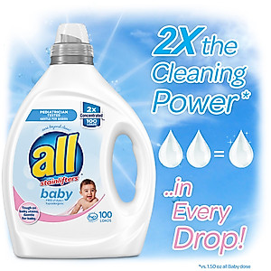 all Liquid Laundry Detergent, Gentle for Baby, Hypoallergenic & Free Of Dyes, 2X Concentrated, 100 Loads