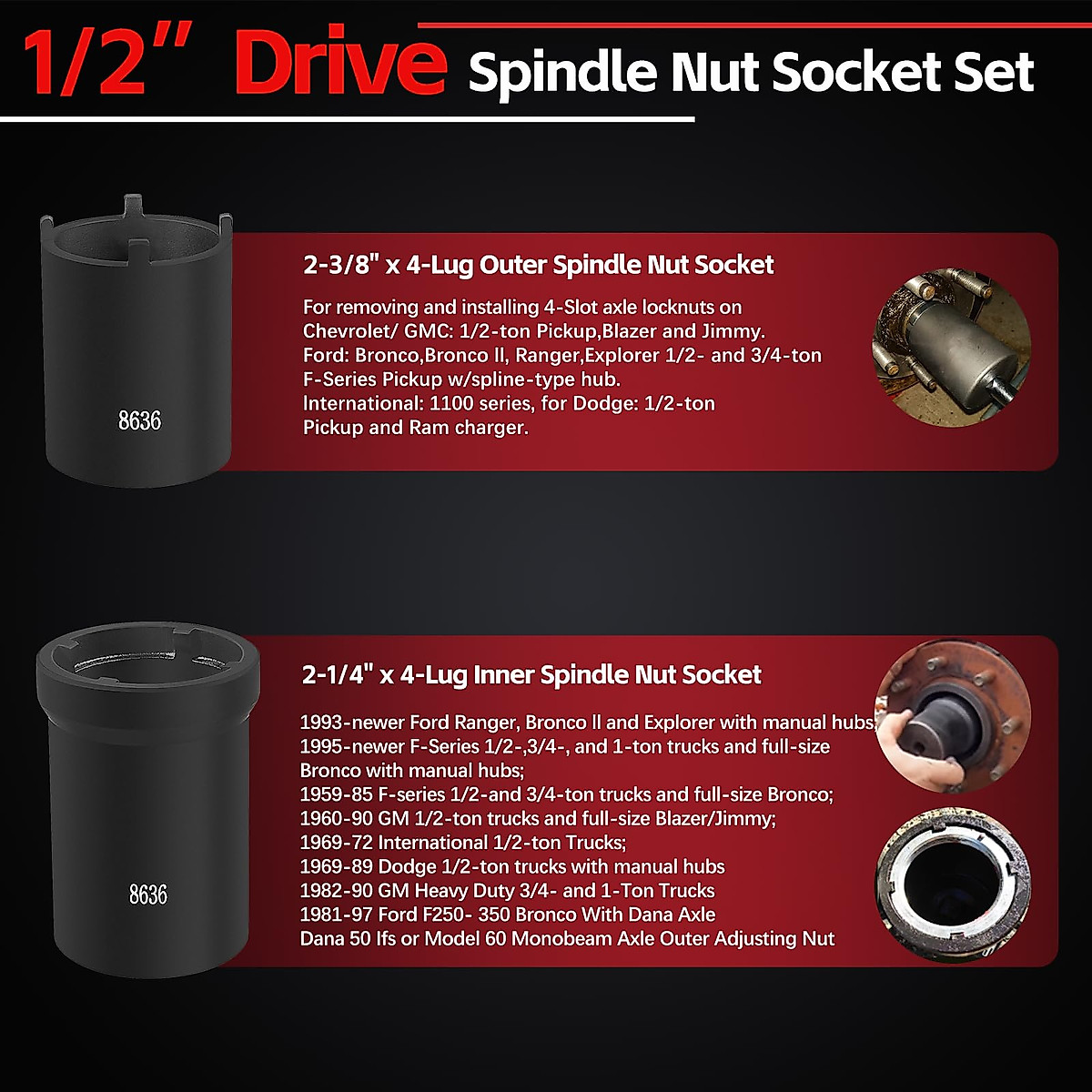 Spindle Nut Socket Tool Kit 5 Pcs Axle Hub Lock Nut Socket Set 1/2” Drive Wheel Drive Spindle Nut Remover Installer for Ford Dana 50/60, Chevy, and Dodge, Replace# 648636 Lug Out Spindle Socket Set