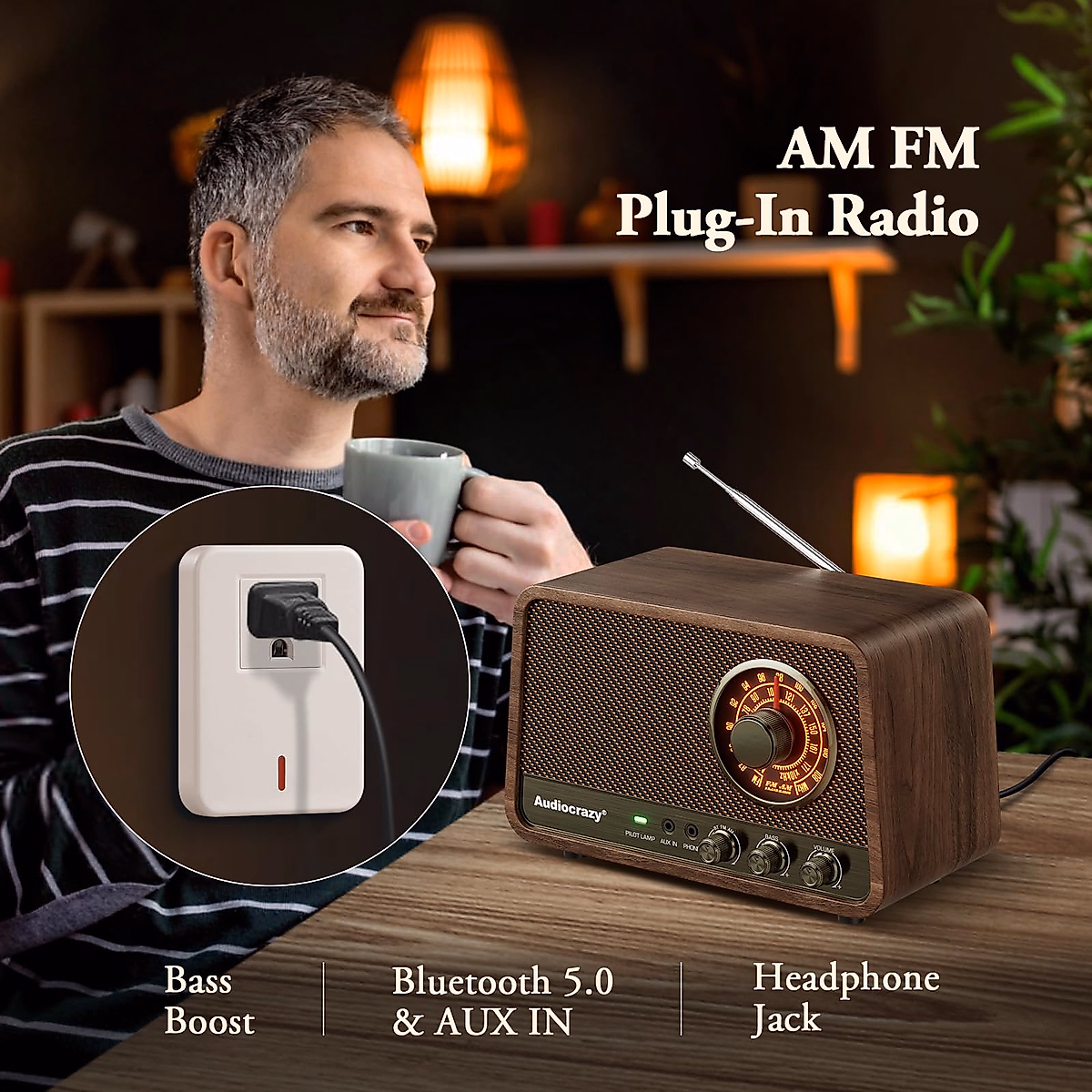 Audiocrazy AM FM Radio Retro Table Top Radio with Bluetooth Speaker,Vintage Wooden Finish Radio Plug in Wall for Home, Office,Aux in, Headphone Jack, Bass Control