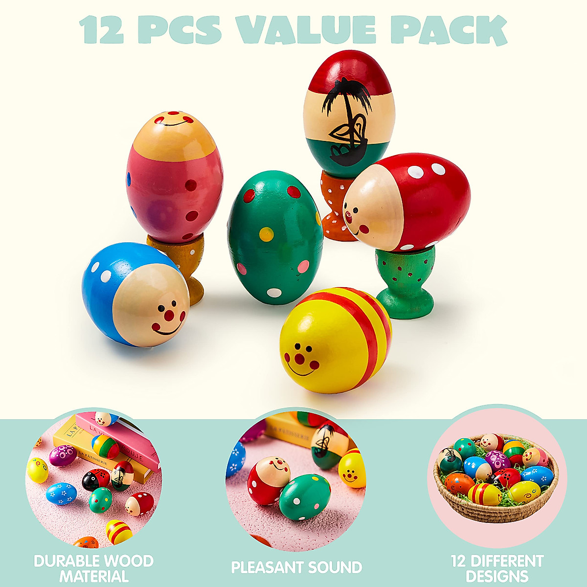 JOYIN 12 Packs 1.9''*2.7" Wooden Egg Shakers Maracas Percussion Musical for Party Favors, Classroom Prize Supplies, Musical Instrument, Basket Stuffers Fillers, Easter Hunt