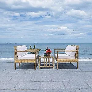 Safavieh Outdoor Collection Garnen Wicker Cushion 4-Piece Living Set PAT7714D, Natural/White