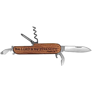 Christian Gifts for Men Lord is My Strength Engraved Dark Wood 6 Function Pocket Knife Dark Brown