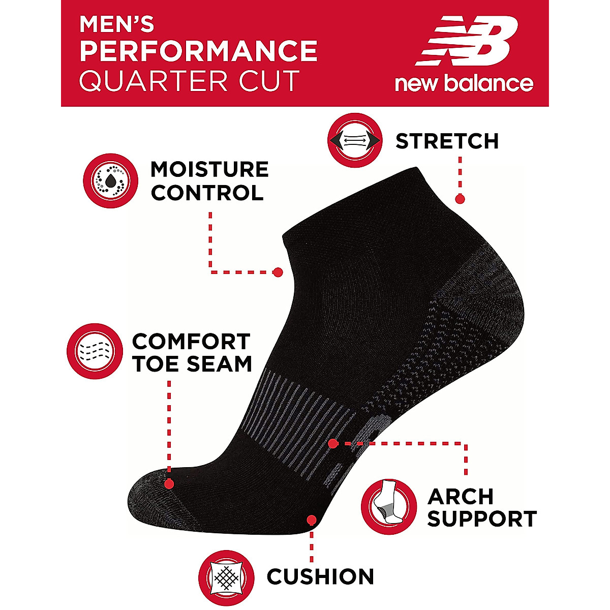 New Balance Men's Athletic Arch Compression Cushion Comfort Quarter Socks (6 Pack), Size 6-12.5, White/Grey