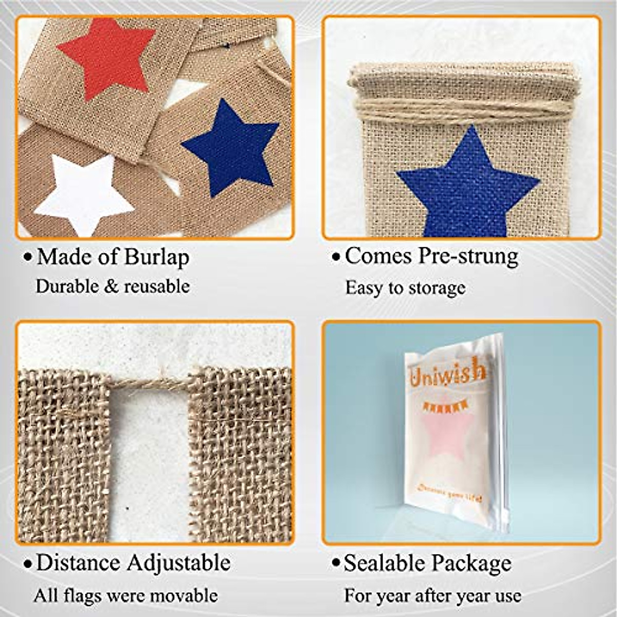 Uniwish Red White and Blue Stars Banner, Patriotic 4th of July Decorations American Independence Day Garden Flag Garland Burlap Bunting Sign
