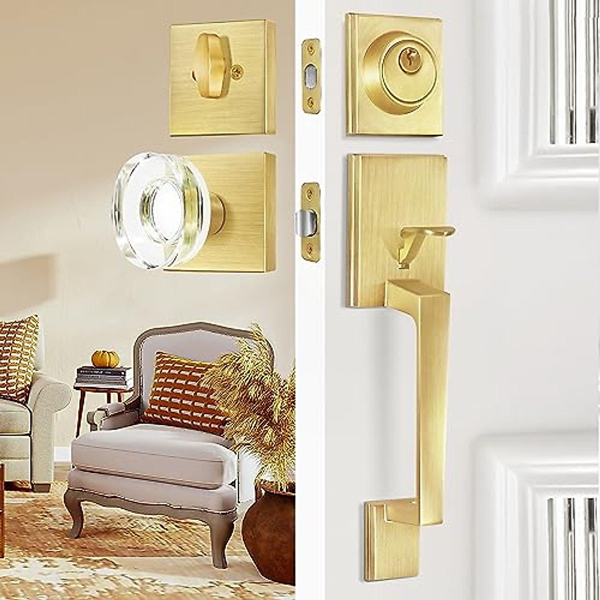 BonKuDoo Satin Brass Front Door Handle and Single Cylinder Deadbolt, Front Door Lock Set, Gold Entry Door Handle Set with Glass Door Knobs