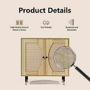 4ever2buy Rattan Buffet Cabinet Sideboard with Storage, Kitchen Accent Cabinet with Woven Natural Rattan Doors, Entryway Cabinet with Adjustable Shelves，Console Tables for Living Bedroom Dining Room