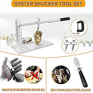 Stainless Steel Oyster Openers Two Cutter Head, All Metal Oyster Shuckers Durable Tool Set No Plastic with G-clamp, Oyster Knife, Level 5 Cut Resistant Gloves for Home Seafood Workshop Restaurant