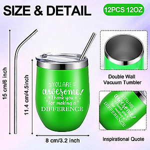 Uiifan 12 Pcs Appreciation Employee Gifts Wine Tumbler Bulk Thank You Team Gift for Staff Office Coworker Women Men 12 oz Inspirational Stainless Steel Insulated Tumbler with Straw