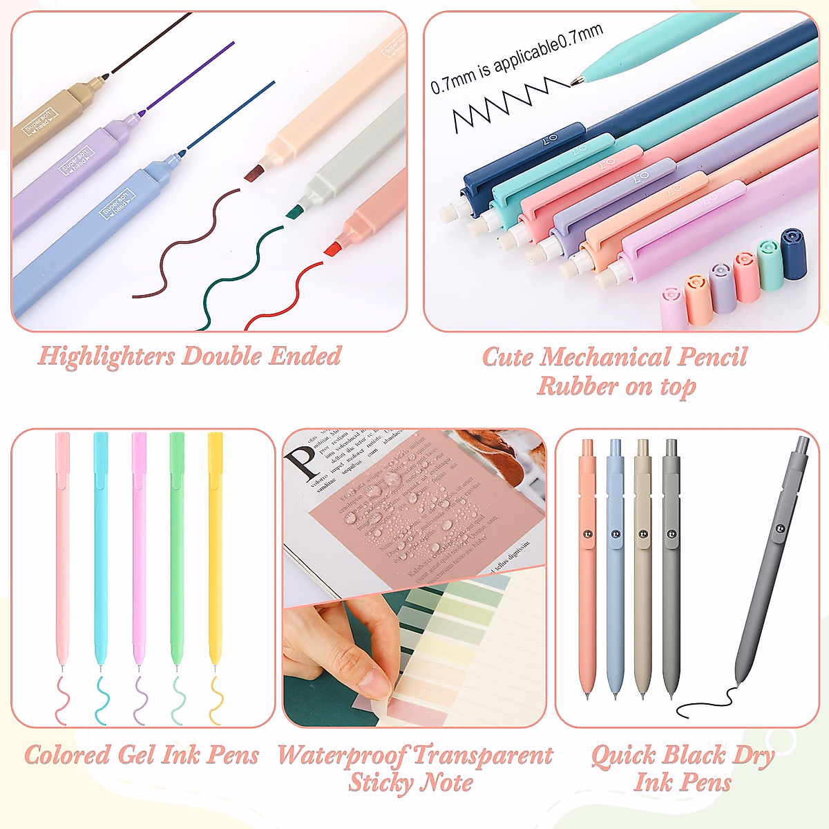 Lincia 30 Pcs Aesthetic School Supplies 6 Cute Mechanical Pencil 5 Colored Ballpoint Pen 5 Quick Dry Pen 6 Pastel Highlighter 6 Transparent Sticky Note Sticky Index Tab Pencil Case for Office(Pink)