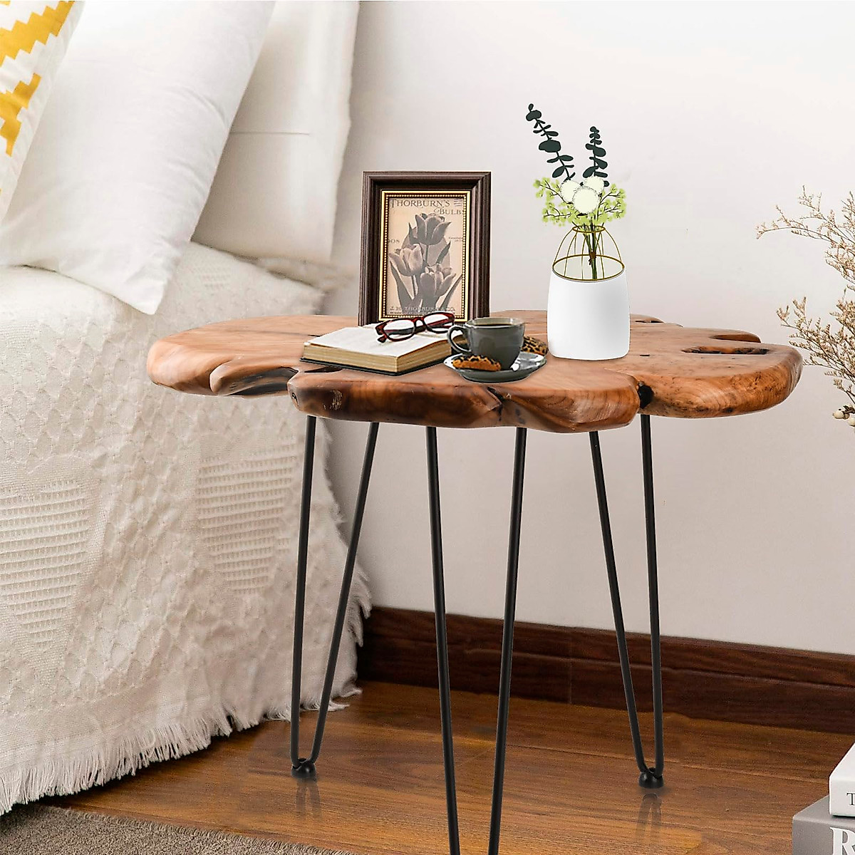 HOEGMST 23.6 Inch Live Edge Side Table, Wood Freeform Small End Table with Waterproof, Rustic Accent Table Unique for Living Room, Bedroom, Home