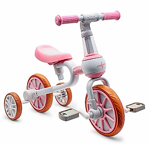 XIAPIA 3 in 1 Toddler Bike for 2-4 Year Old Girl, Kids Tricycle with Adjustable Seat, Detachable Pedal and Training Wheels, Baby Balance Bike Trikes Riding Toys, Kids Chirstmas Birthday Gifts Pink