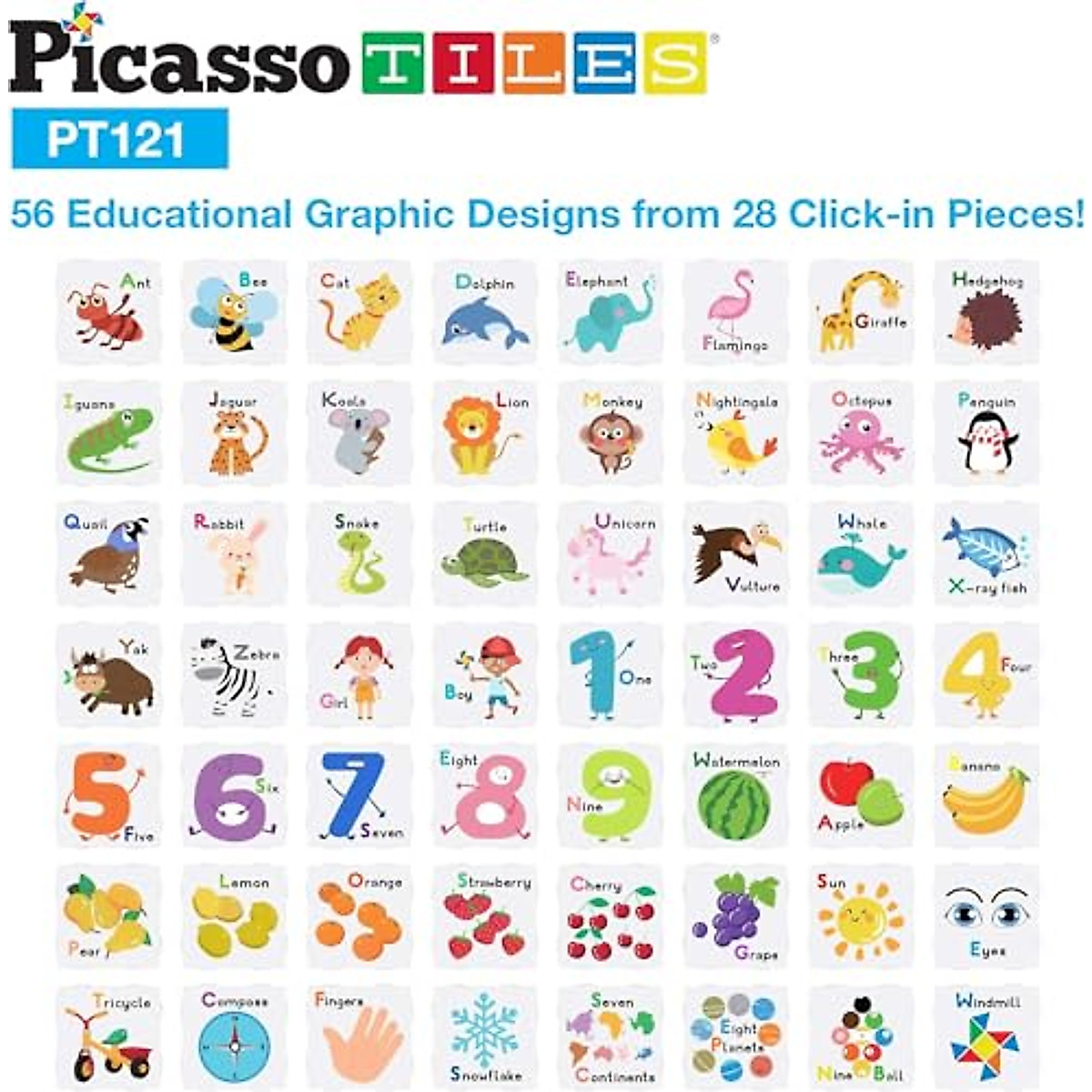 PicassoTiles 121 pc Master Builder Magnetic Building Block Construction Set Magnet Tiles Blocks with Car Truck, 2 Character Action Figures, 28 Educational Alphabet Animal and Number Graphics, Windmill
