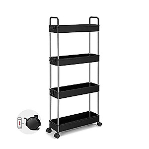 Slim Storage Cart Small Rolling Little Carts Shelves Rolling Spice Rack for Bathroom Kitchen Living Room Bedroom Storage Organize Great for Tight Spaces Narrow Gap with 4 Storage Baskets (Black)