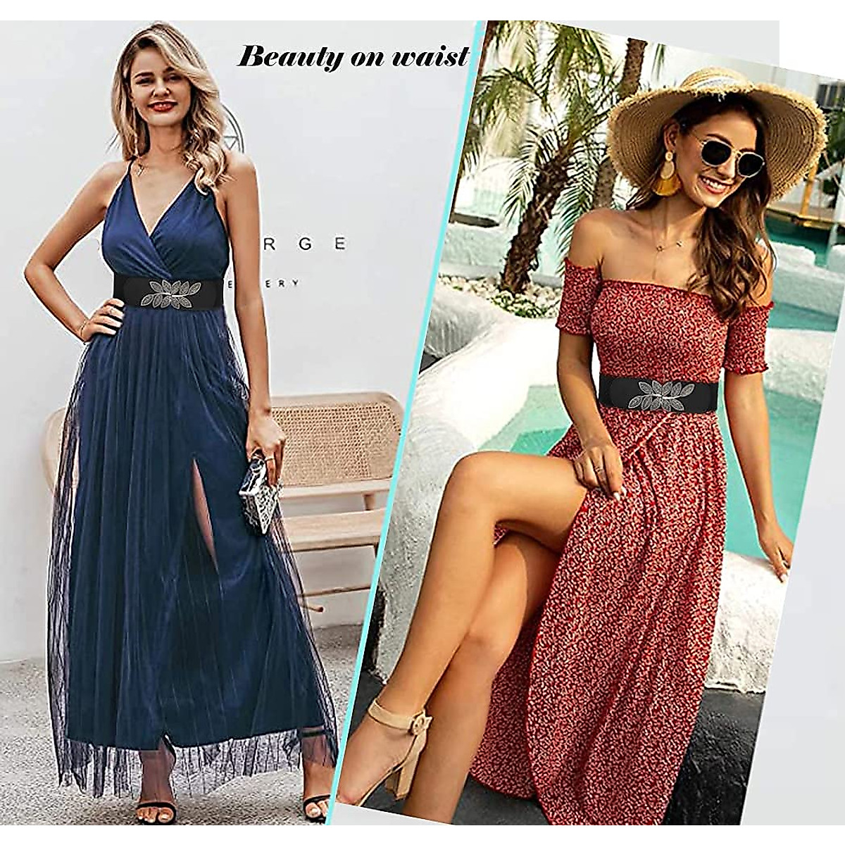 ALAIX Women's Stretchy Belt for Dresses Jumpsuit Coat Belt Vintage Elastic Wide Leaf Waist Belt Waistband