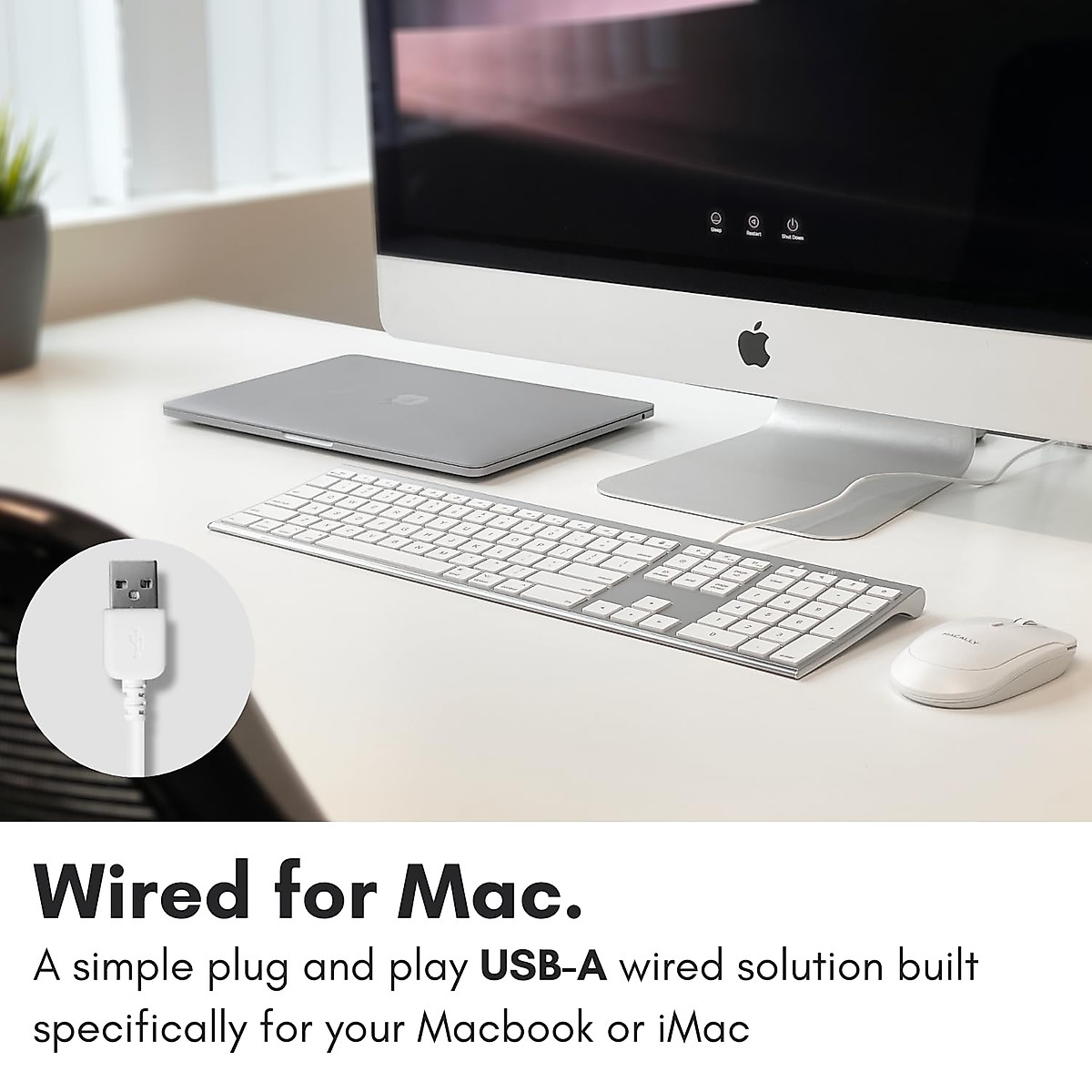 Macally Ultra Slim USB Wired Computer Keyboard - Compatible Apple Keyboard or Windows - Full Size Keyboard with 20 Mac Keyboard Keys - Low Profile Keyboard for iMac Desktop, Macbook Pro/Air