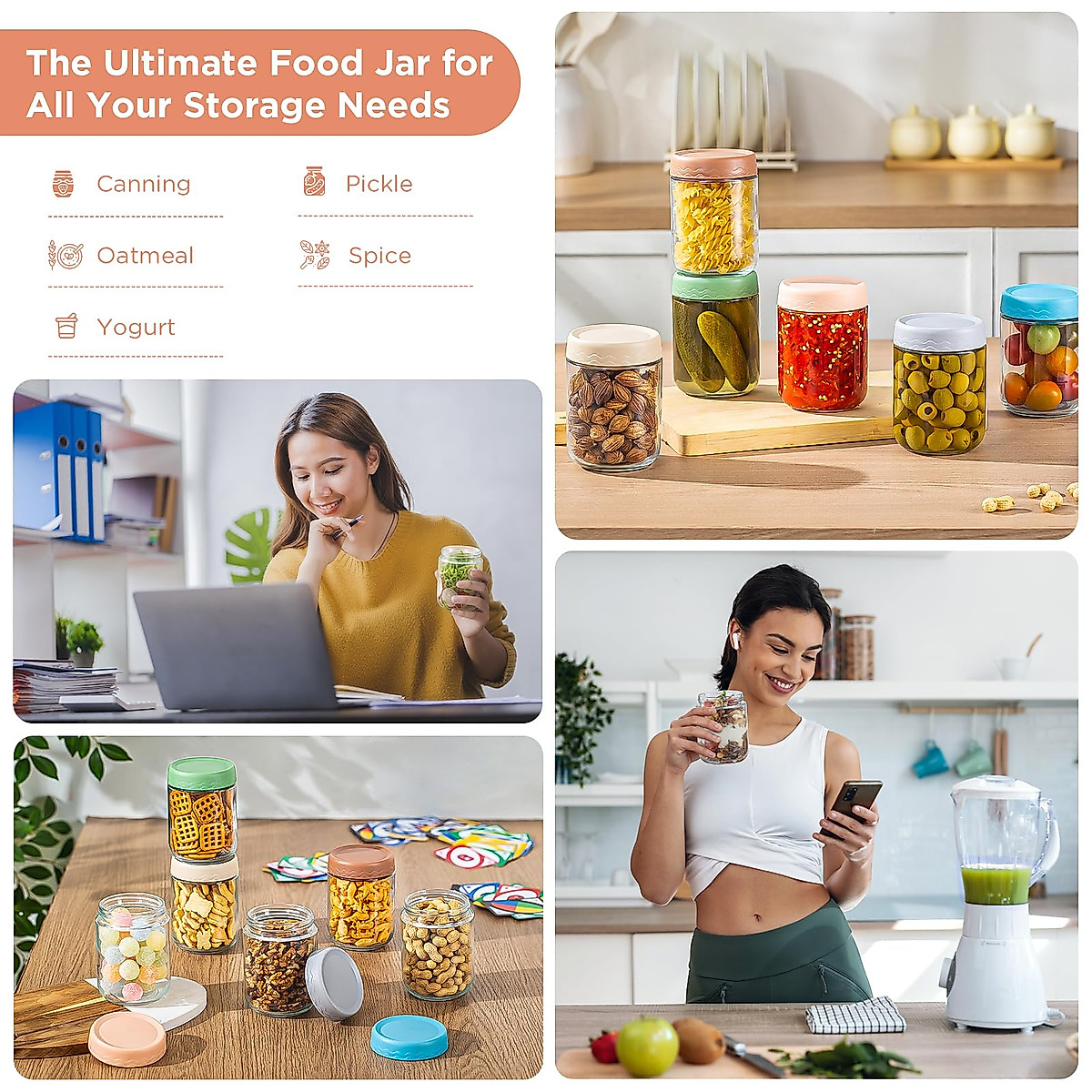 DRKIO 16 Oz Overnight Oats Containers with Lids - 6 Pack Glass Storage Jars with Airtight Lids Wide Mouth Mason Food Jars Great for Meal Prep Salad Chia Pudding Snacks Yogurt Sugar Spice Cereal