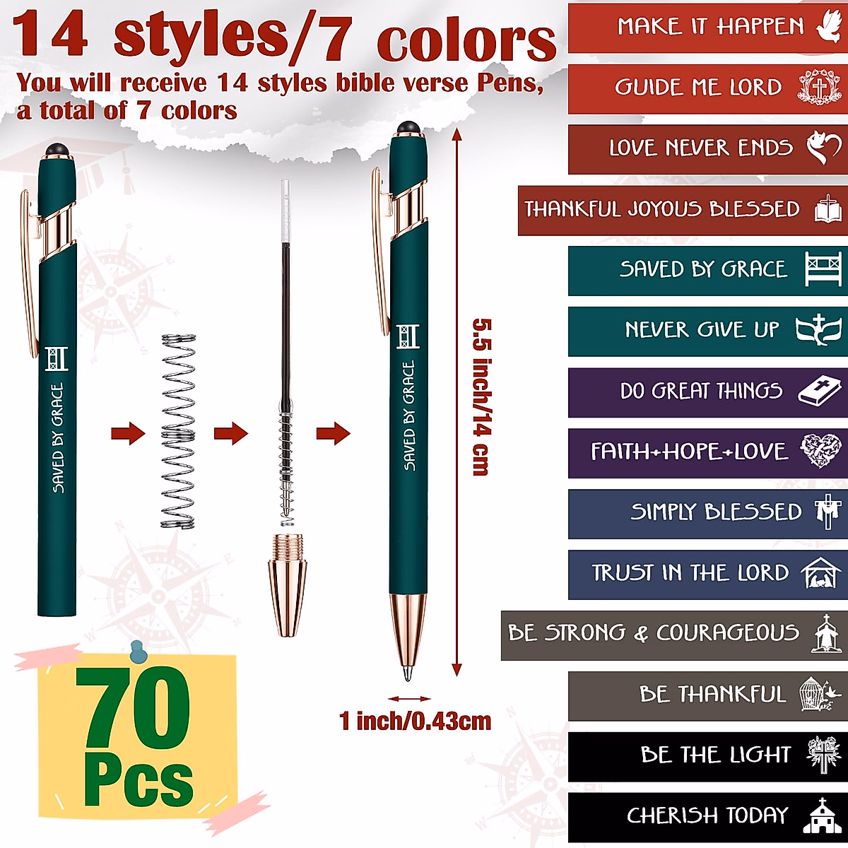 Qilery 70 Pcs Christian Pens Bible Verse Pens Bulk Christmas Religious Ballpoint Pens Gifts Inspirational Scripture Black Ink Spiritual Pens for Church Office School Gifts Women Men