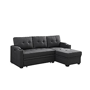 Lilola Home Mabel Dark Gray Linen Fabric Sleeper Sectional with cupholder, USB Charging Port and Pocket