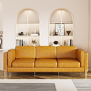 Lostcat 94"PU Leather Sofa, Mid-Century Modern Loveseat Couches Modern Sofa,94" Sofa with Reversible PU Leather Upholstered, Large 3 Seater Sofa with Gold Metal Legs for Living Room Comfy Couch,Brown