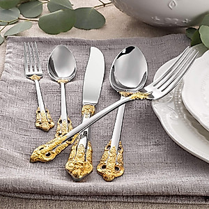 KEAWELL Luxury 65 Pieces 18/10 Stainless Steel Flatware set, Service for 12, silver plated with gold accents, Fine Silverware set and Dishwasher Safe