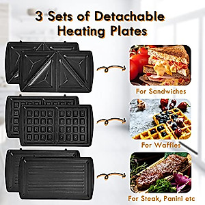 ORFELD Sandwich Maker, Waffle Maker, Panini Press Grill 3 in 1, with Non-Stick Removable Plates, Fast and Even Heating, Portable Handle, LED Indicator Lights, for Breakfast and Christmas Gift, Silver