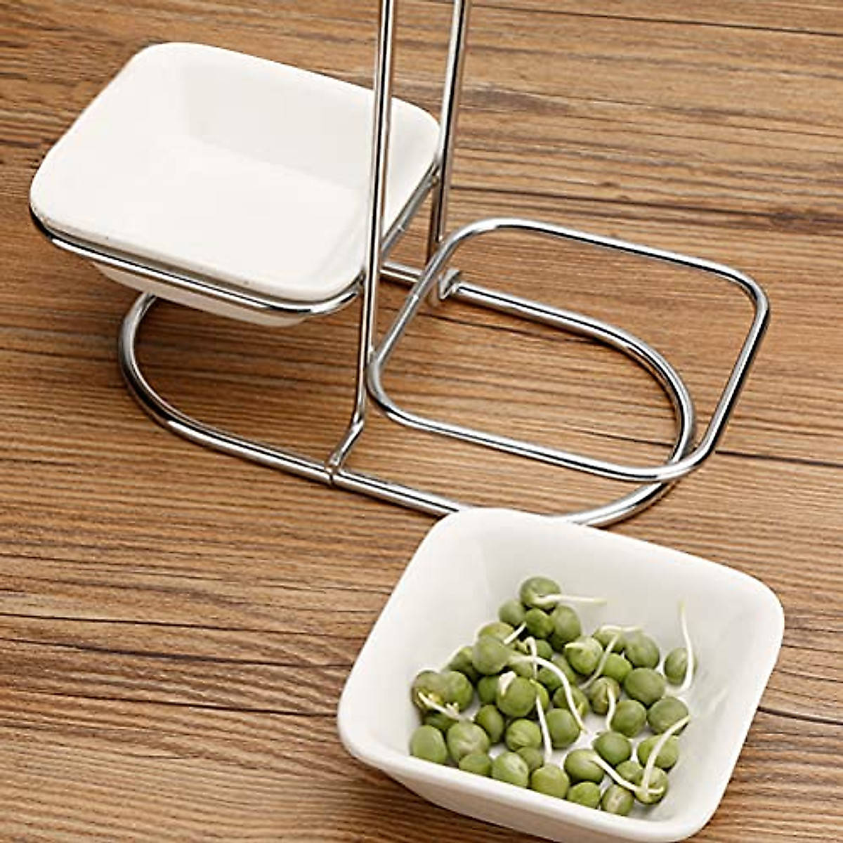 BESTonZON Ceramic Spoon Rest, Kitchen Ladle Holder Upright Ladle Holder Ceramic Dish with Silver Stainless Steel Rack Double Soup Ladle Coffee Spoon Rest