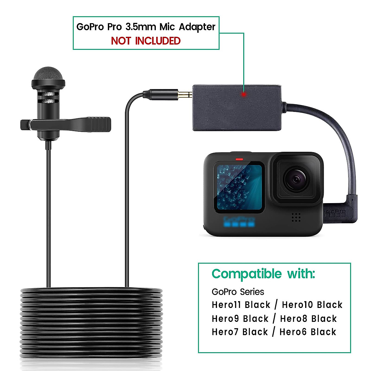 weishan Media Mod Mic for GoPro HERO11 10 9 Black Action Camera, Lavalier Lapel Videomic Clip-on Microphone Compatible with GoPro Pro 3.5mm Mic Adapter for Vlogging, 5ft