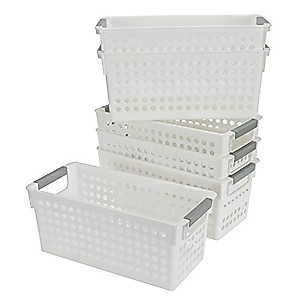 Bekith 6 Pack Plastic Storage Basket, Slim White Organizer Tote Bin Shelf Baskets for Closet Organization, De-Clutter, Accessories, Toys, Cleaning Products