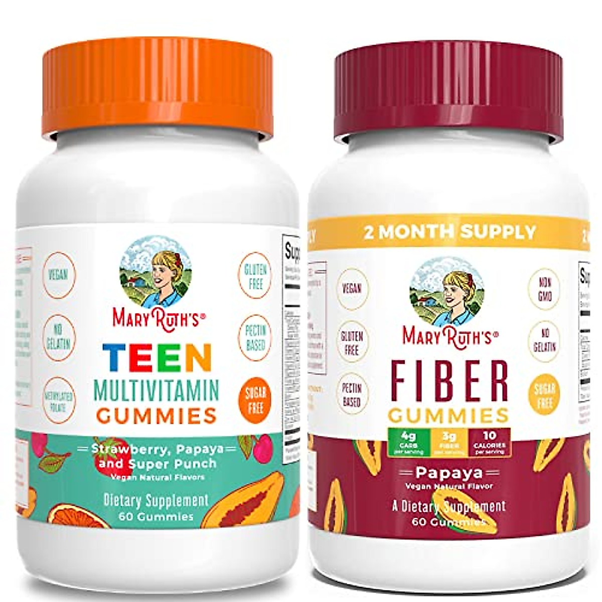 Teen Multivitamin Gummies & Fiber Gummies for Adults Bundle by MaryRuth's | Vitamin C, D and E, B Vitamins | Biotin | Immune Support | Energy, Skin & Hair | Prebiotics | Gut Health & Digestion Support