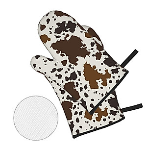 Feartdiy Oven Mitts and Pot Holders Sets of 4,Cow Leather Brown Print Heat Resistant Kitchen Cooking Oven Gloves and Potholders for BBQ Baking Grillin, One Size