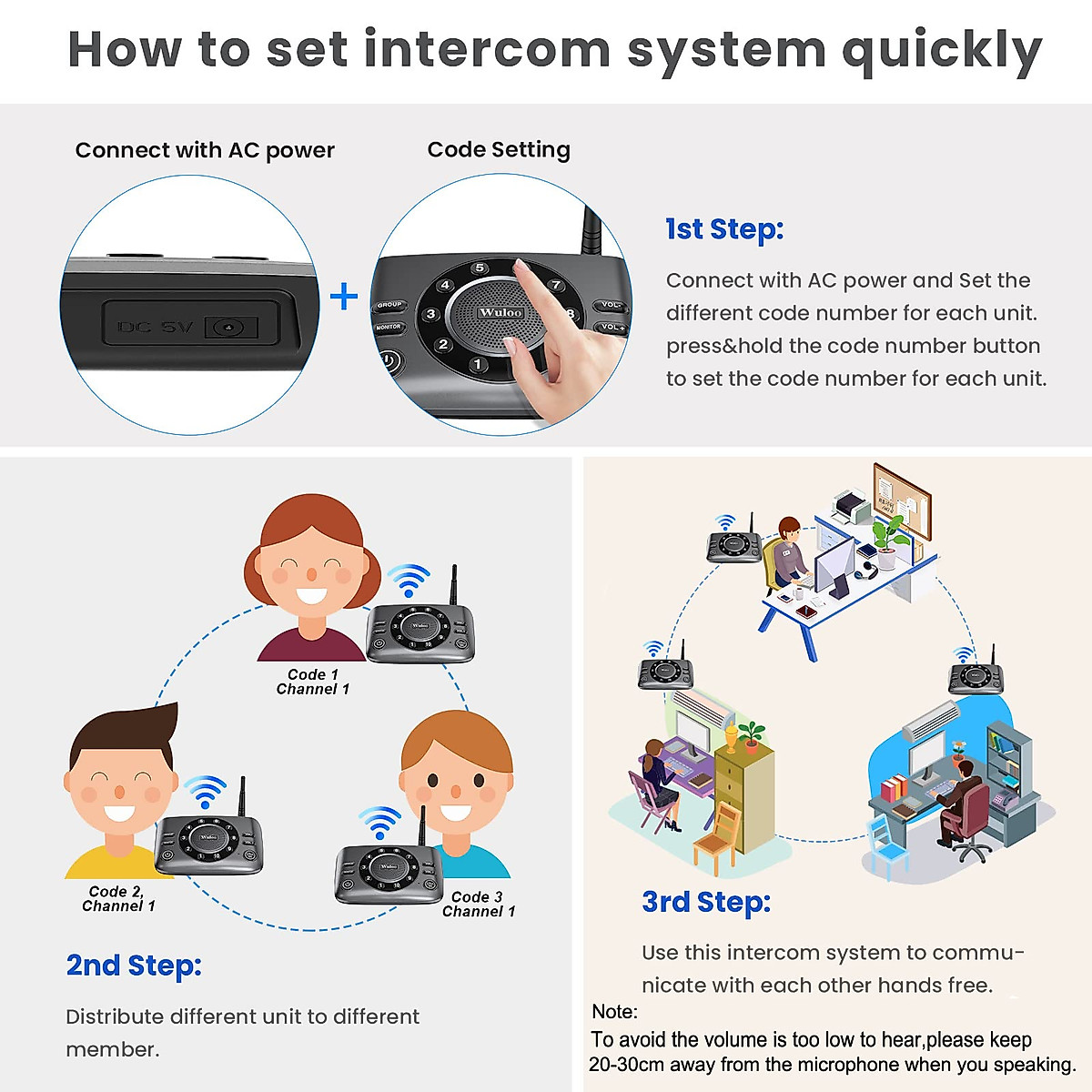 Wuloo Hands-Free Intercoms Wireless for Home Business, Upgrade Two Way Audio Intercom System for Elderly, Full Duplex Room to Room Intercom with 5280 ft Range Clear Sound Anti-Interference, Pack of 4