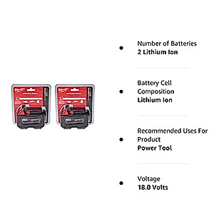 Milwaukee 48-11-1850R M18 18V 5Ah XC Extended Capacity Resistant Battery 2 Pack, (48-11-1850Rx2)