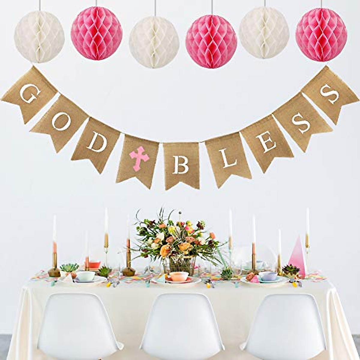 Baptism Decorations for Girls with 6pcs Paper Honeycombs, Baptism Banner Confirmation Communion Decorations