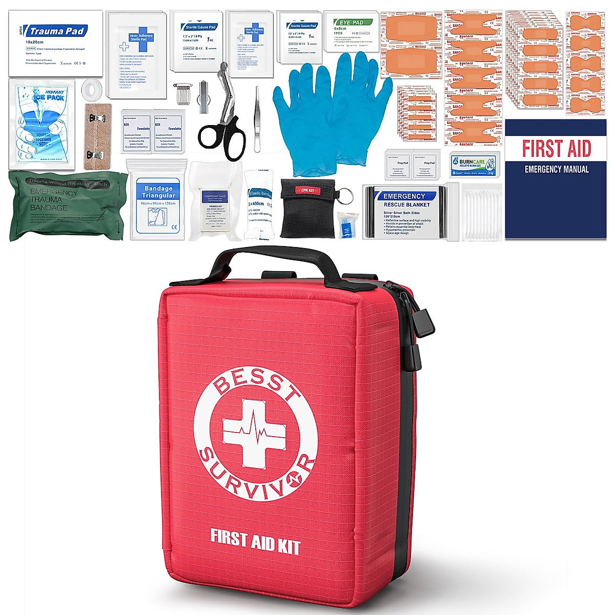 Besst Survivor Upgrade First Aid Kit -Premium Labelled Compartments Molle System Trauma Kits -Emergency Medical Kits for Car, Home, Hiking, Camping and Outdoor Emergencies -221 Pieces Set