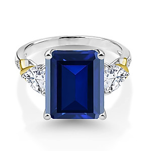 925 Silver and 10K Yellow Gold Blue Simulated Sapphire Moissanite and Diamond 3 Stone Ring For Women (7.66 Cttw, Gemstone Birthstone, Emerald Cut 12X10MM, Available In Size 5, 6, 7, 8, 9)