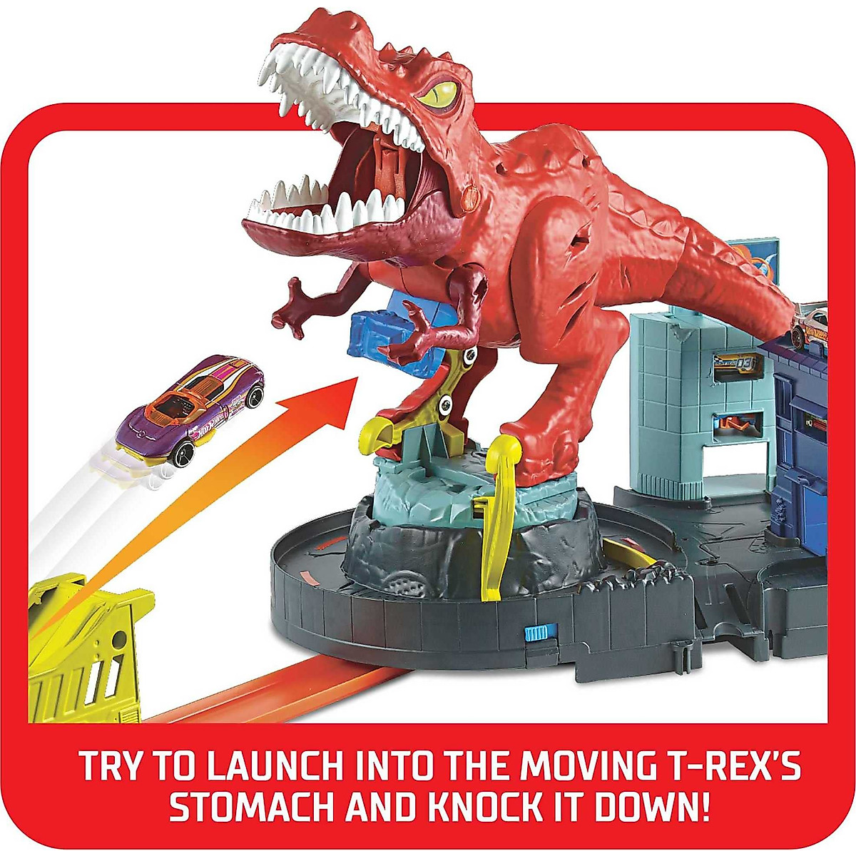 Hot Wheels Toy Car Track Set, T-Rex Rampage Playset & 1:64 Scale Vehicle, Launch into the Giant Dinosaur
