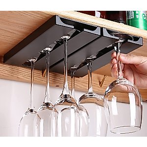 2 Pack Wine Glass Holder Under Shelf or Cabinet Punch-free Wine Glass Rack Plastic Stemware Rack Glassware Drying Storage Hanger for Kitchen,Bar and Restaurant (Black)