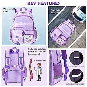 Unineovo Girls Backpack, 17" School Kids Backpacks for Girls, Cute Unicorn Bookbag with Compartments for Elementary Middle School Girls Students(Purple)